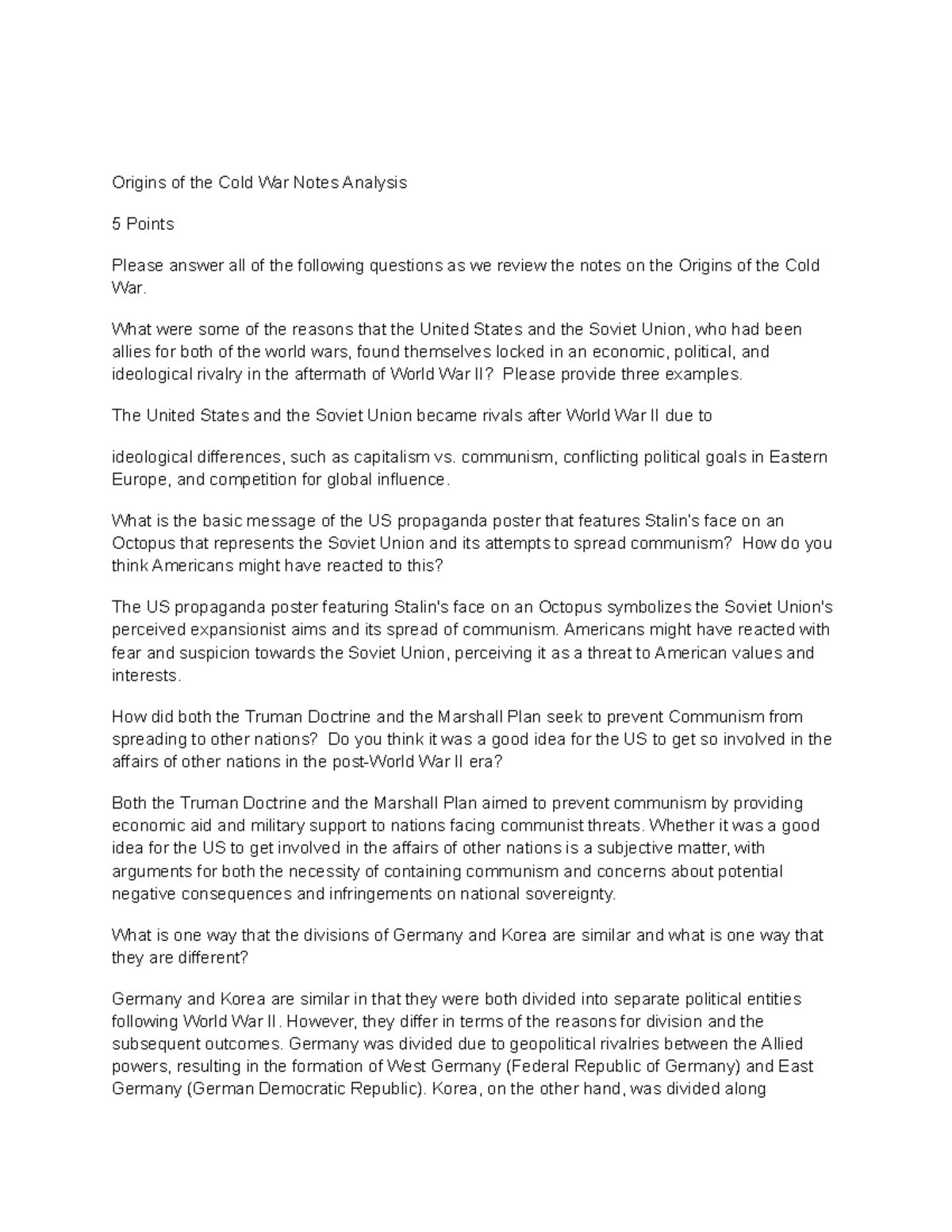 Cold War Analysis Notes: Origins and Key Factors (HIST 101) - Studocu