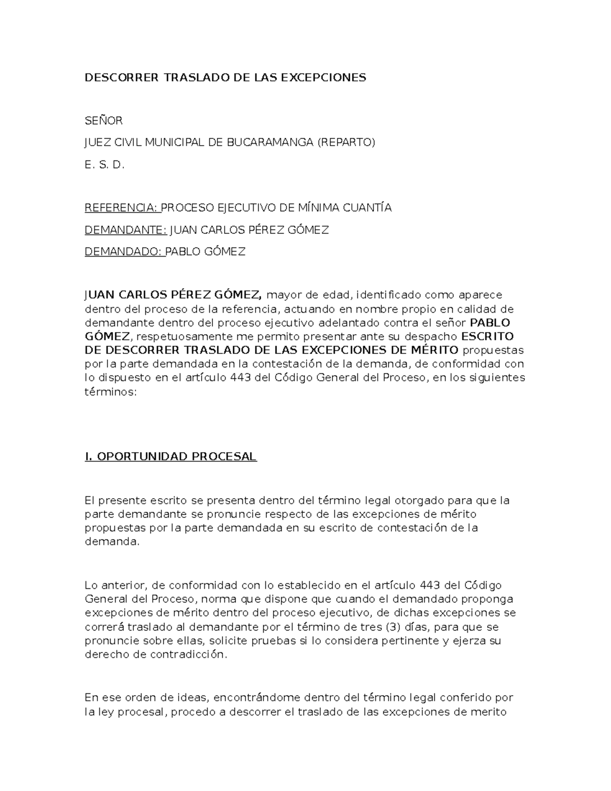 DESCORRER TRASLADO EXCEPCIONES PROCESO EJECUTIVO JUAN CARLOS PÉREZ ...