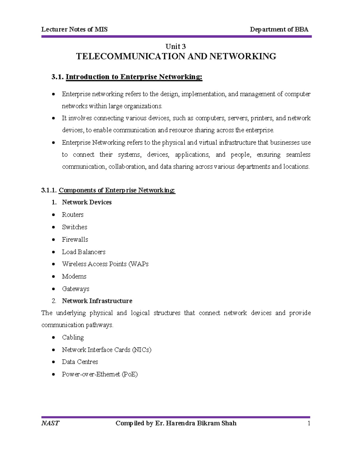 BBA MIS Unit 3: Telecommunication & Networking Lecture Notes - Studocu