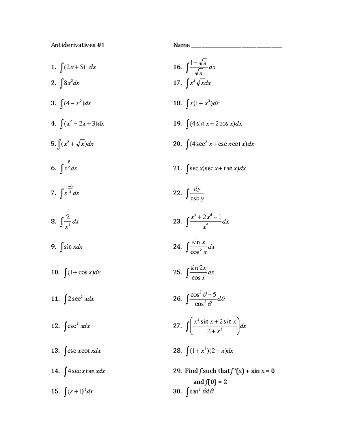 HW 46 Antiderivative Practice Sheet #1 - Studocu