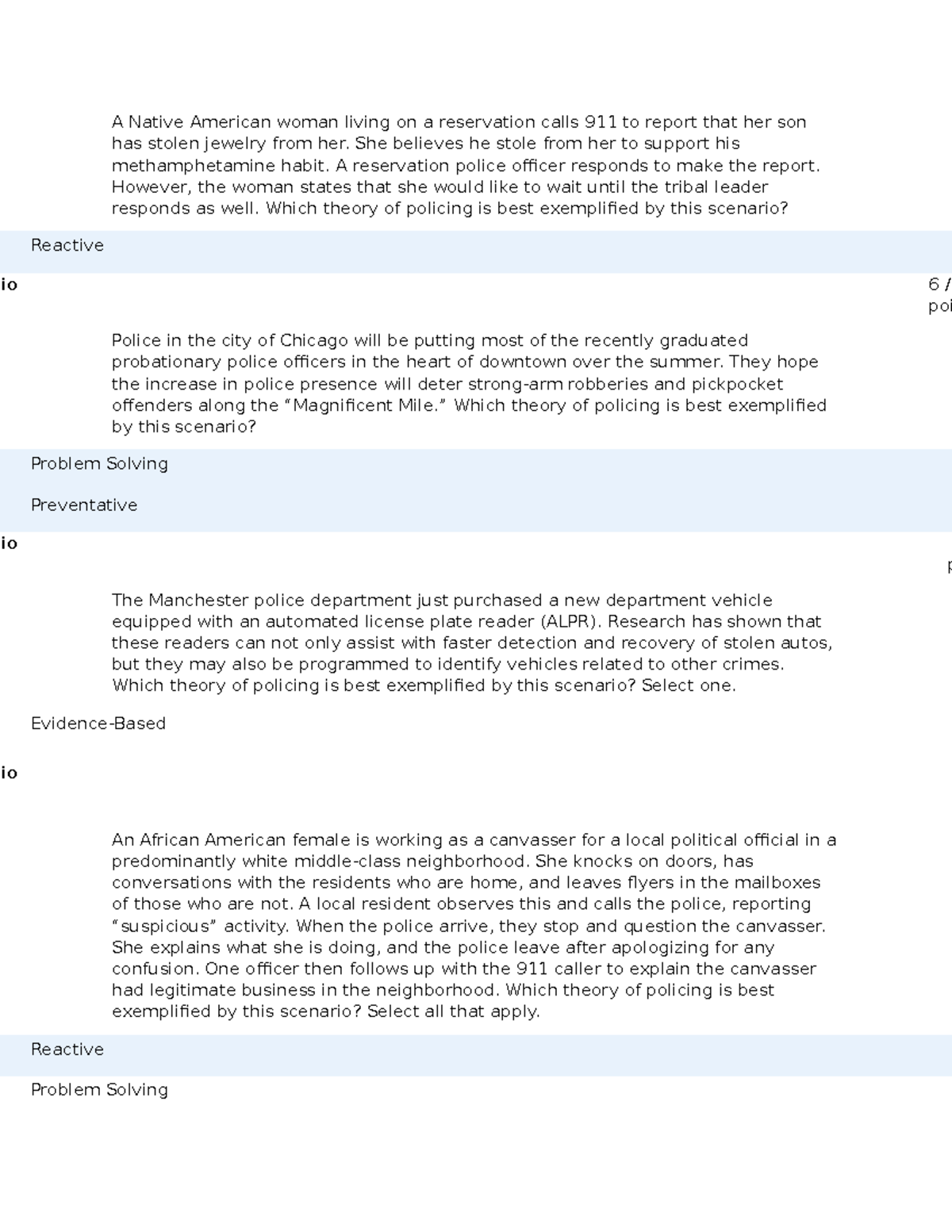 CJ Quiz 4: Policing Theories in Real-Life Scenarios Analysis - Studocu