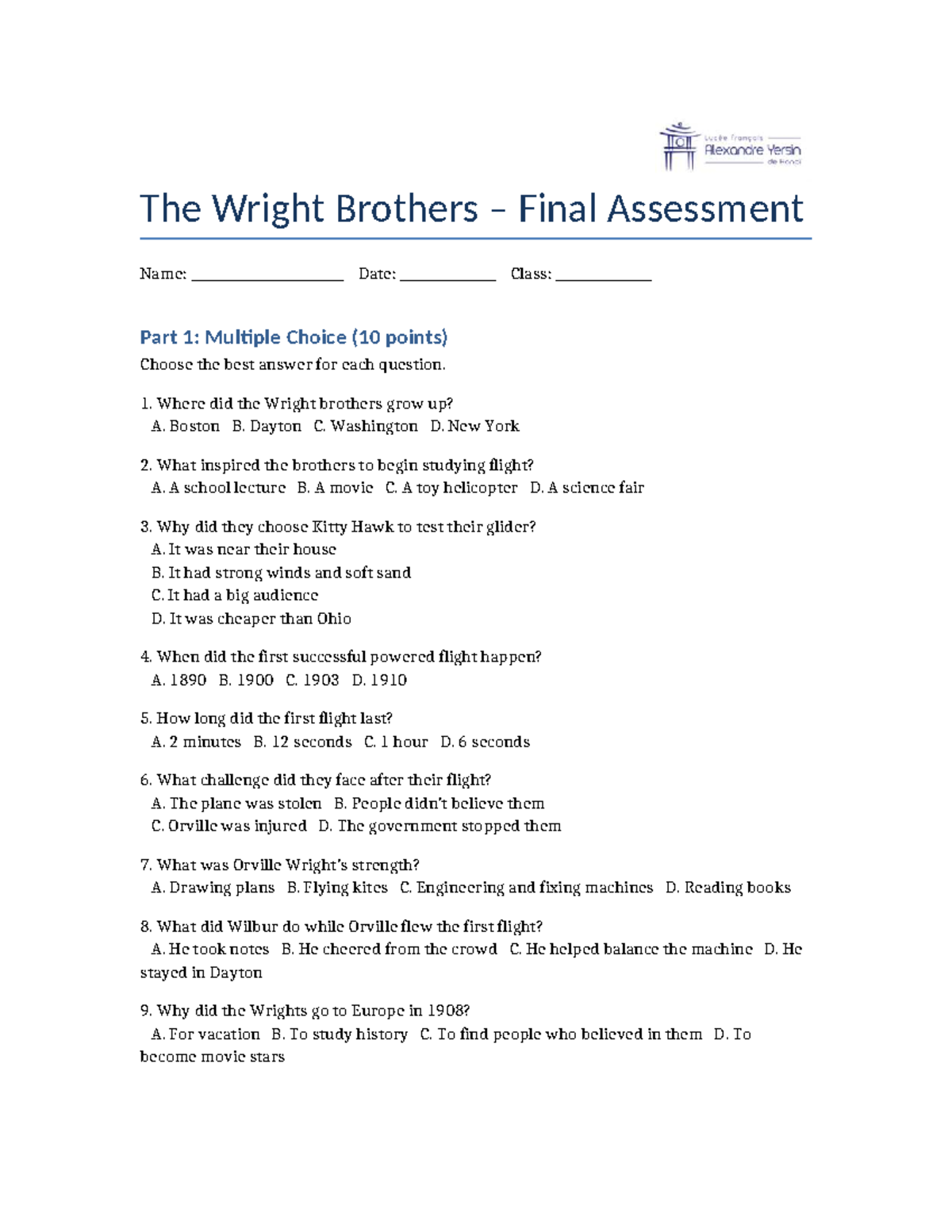 Wright Brothers (AERO101) Final Assessment: MCQs & Matching Questions ...