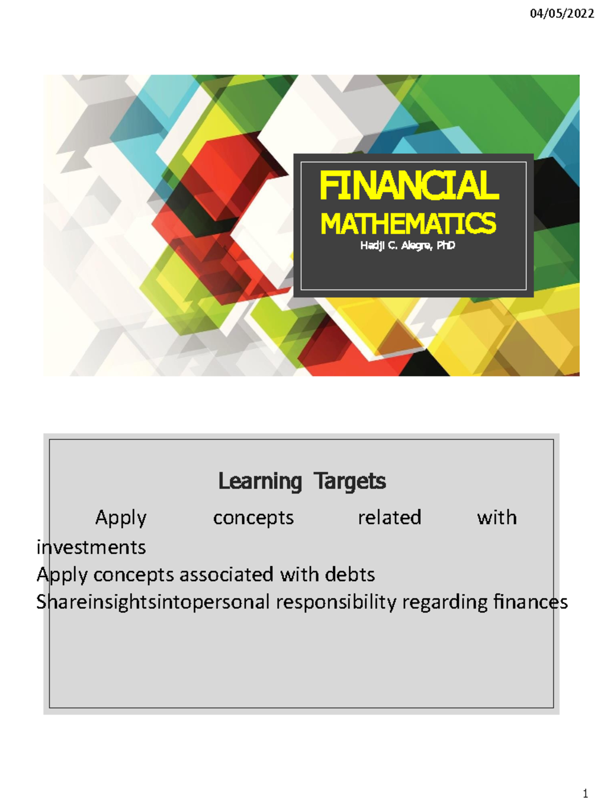 Financial Mathematics Notes - 04/05/ 1 FINANCIAL MATHEMATICS Hadji C ...