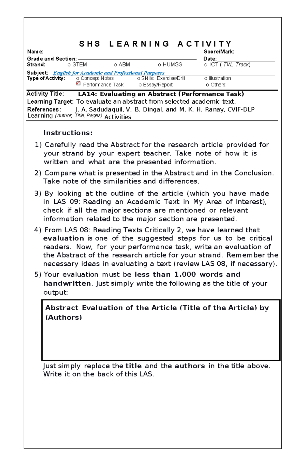 EAPP LAS 14: Evaluating an Abstract (Performance Task) Guide - Studocu