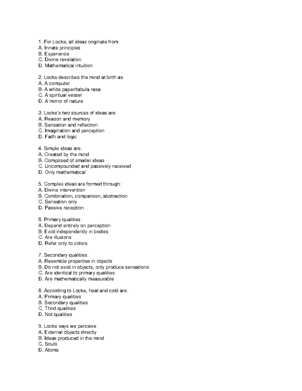Locke Philosophy MC Questions - Study Guide for Exam - Studocu