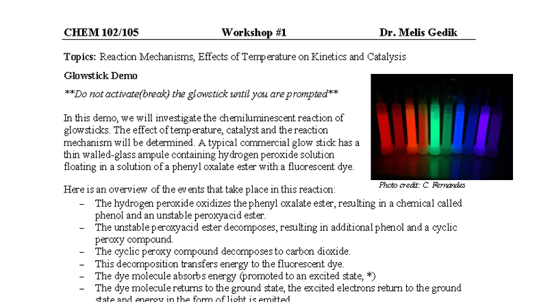 CHEM 101 Workshop 01: Kinetics & Glowstick Reaction Mechanisms - Studocu