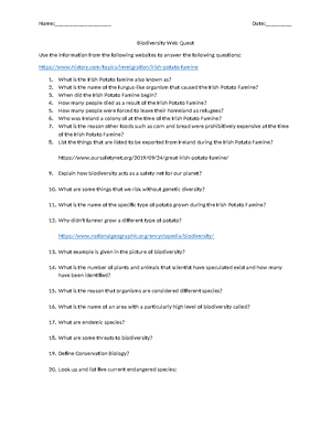 Biodiversity Webquest - APES BIODIVERSITY WEBQUEST Name ...