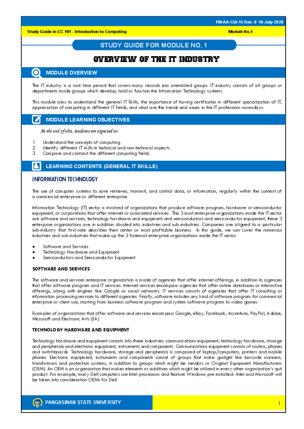 Cc 101 Study Guide Overview Of The It Industry And Skills Studocu
