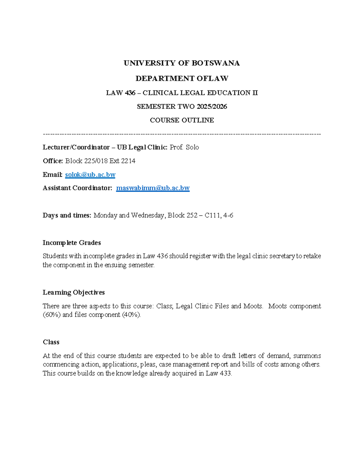 Law 436 - Clinical Legal Education II Course Outline & Revision ...
