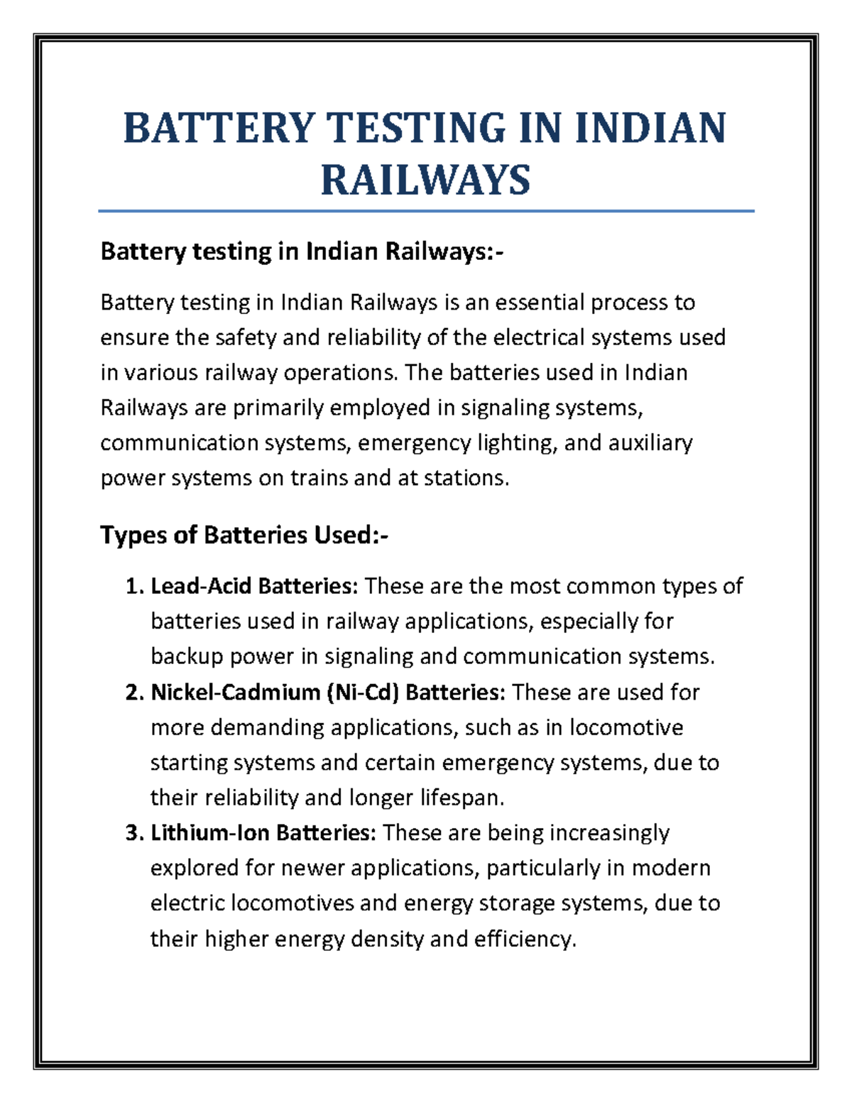 Battery Testing Standards and Protocols in Indian Railways - Studocu