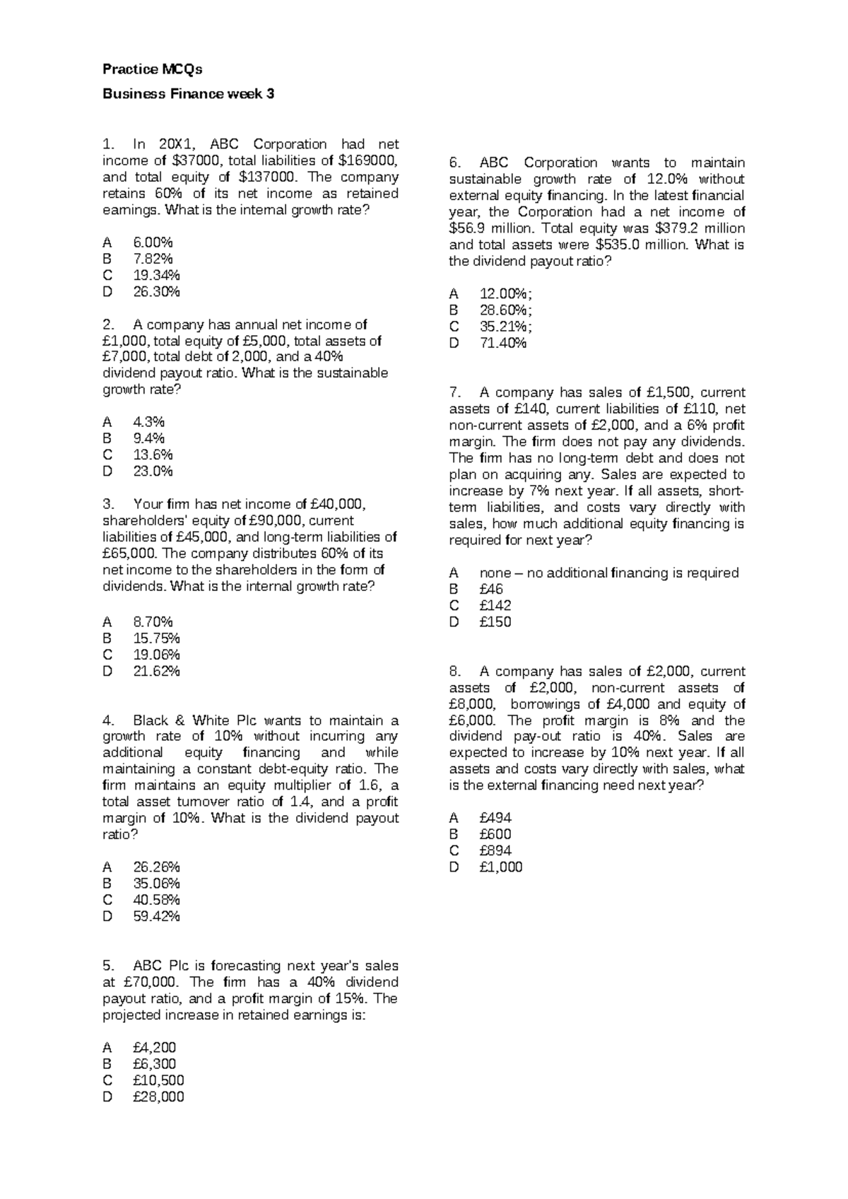 Practice MCQs Week 3 Business Finance - Practice MCQs Business Finance ...