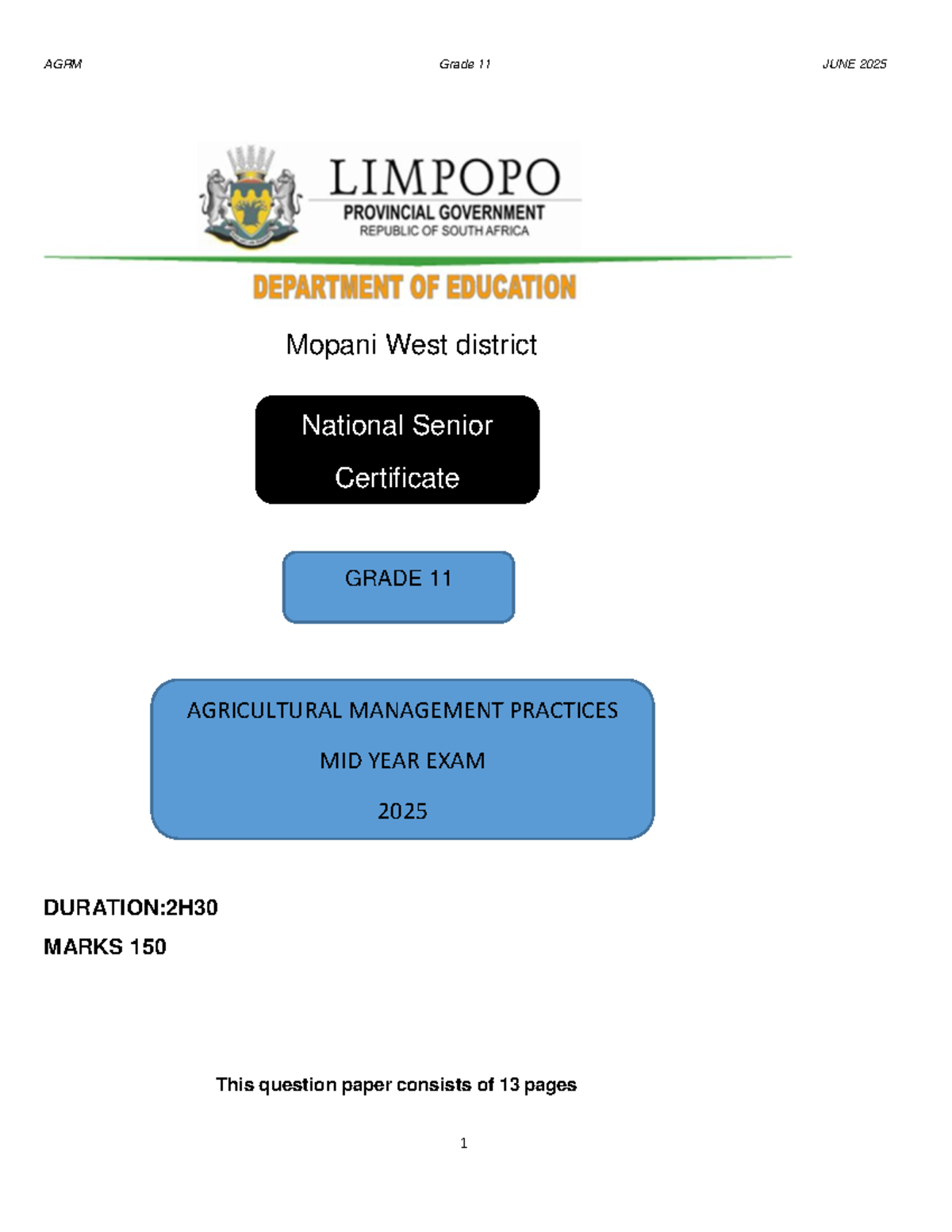 AGRM Grade 11 Agricultural Management Practices Mid-Year Exam 2025 ...