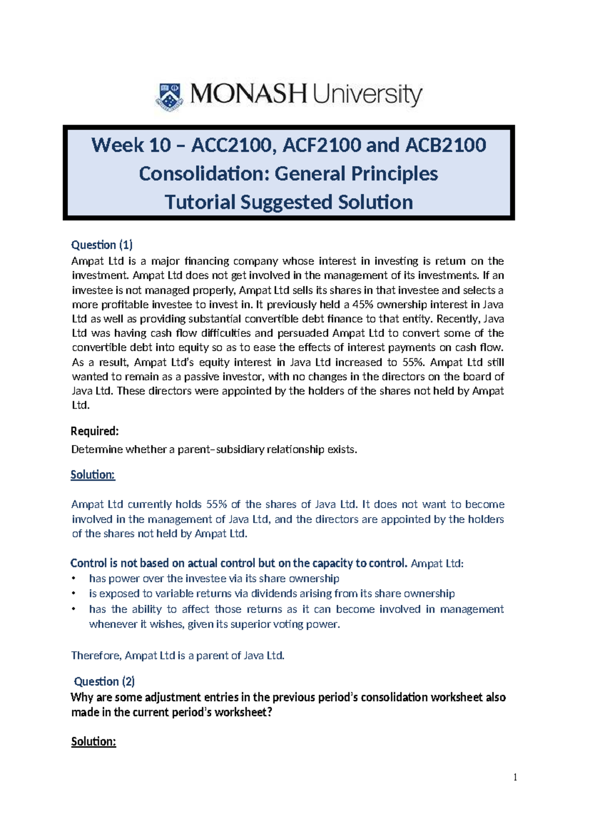 Week 10 ACC2100, ACF2100, ACB2100 Consolidation Tutorial Solutions ...