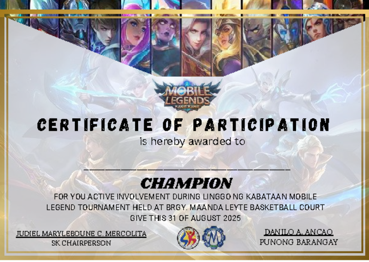 Certificate of Participation: 3rd Place in Mobile Legend Tournament - Studocu
