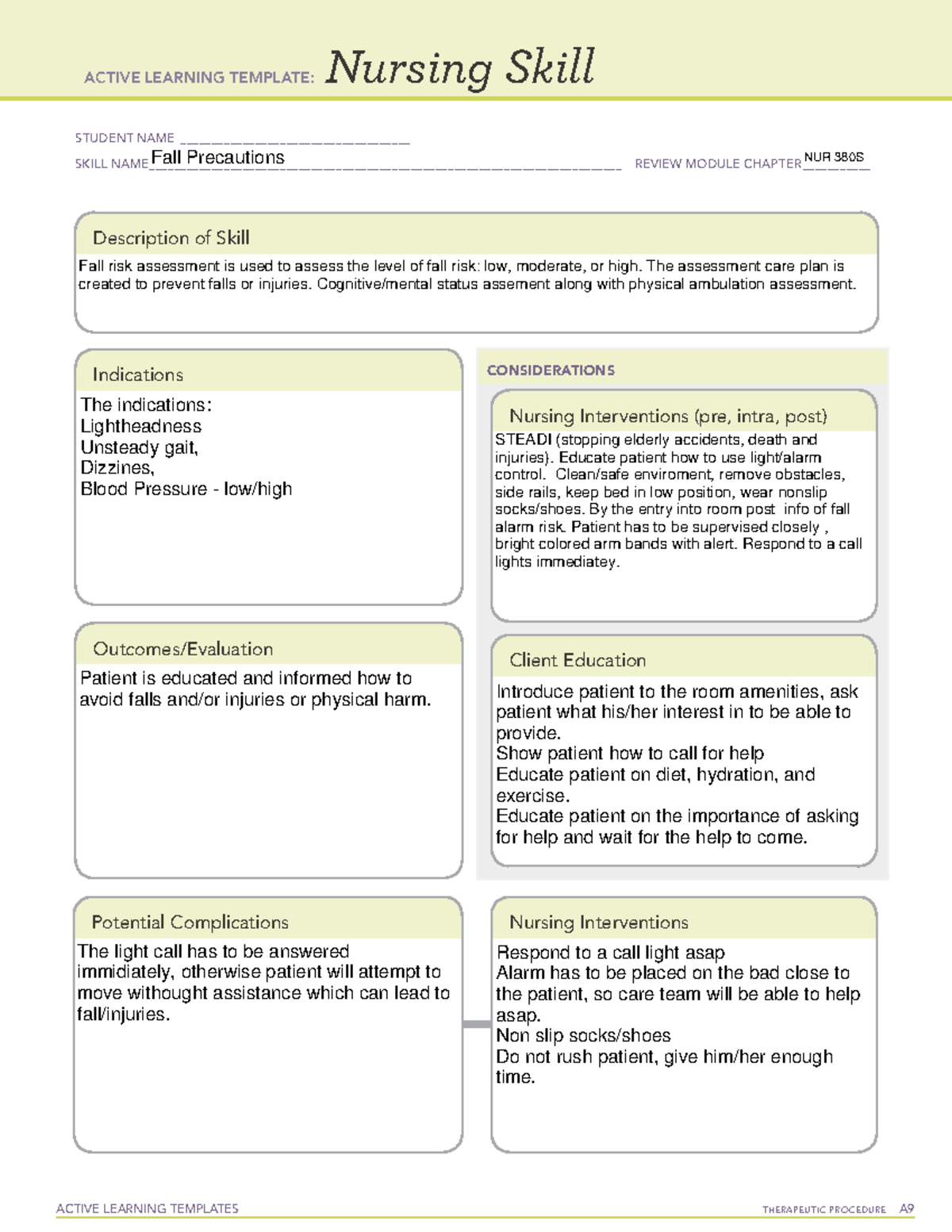 NUR 380S Fall Precautions: Active Learning Template Guide - Studocu