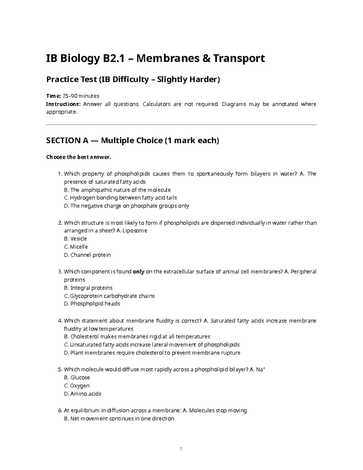 IB Biology B2.1 Membrane Transport Practice Test (Slightly Harder ...