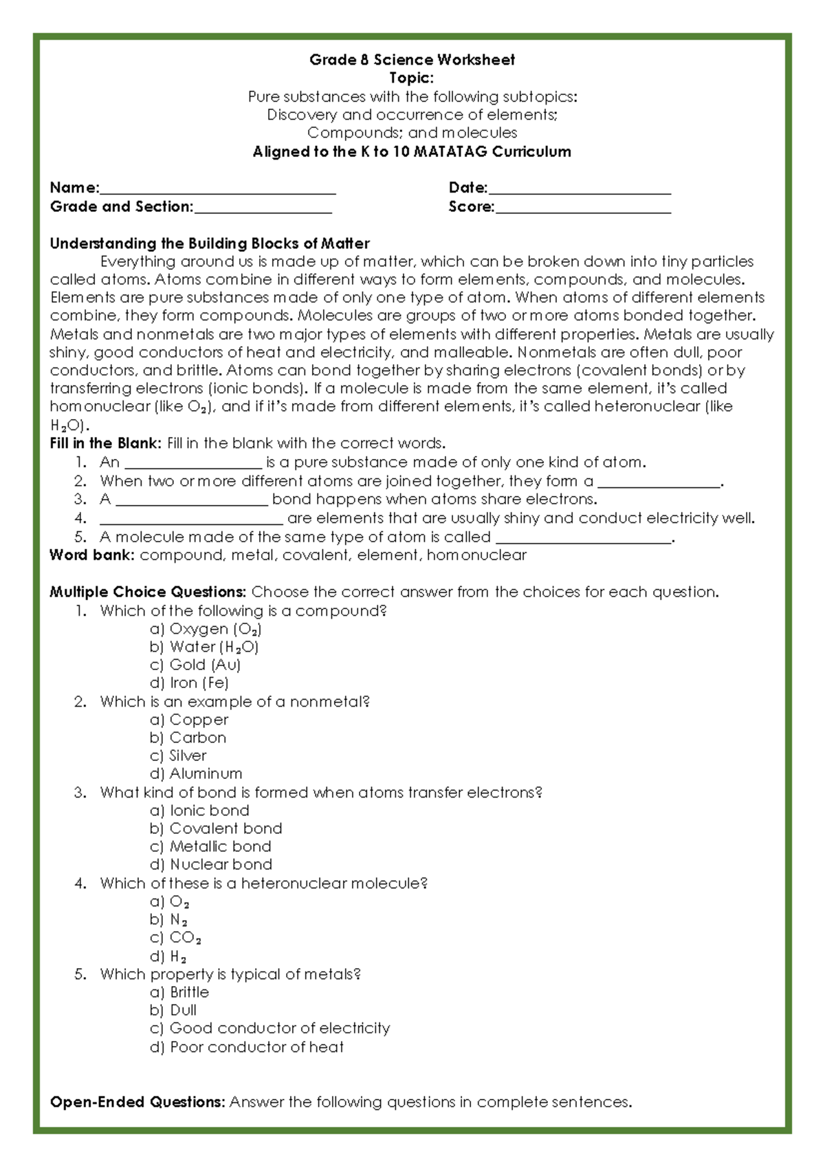 Grade 8 Science Worksheet: Pure Substances & Molecules (K-10) - Studocu