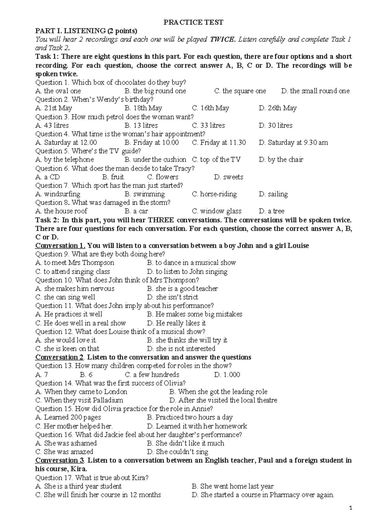 PRACTICE TEST PART I: LISTENING & VOCABULARY REVISION - Studocu