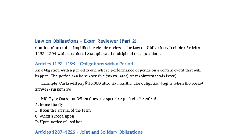 Law on Obligations 101: Exam Reviewer (Part 2) - Studocu