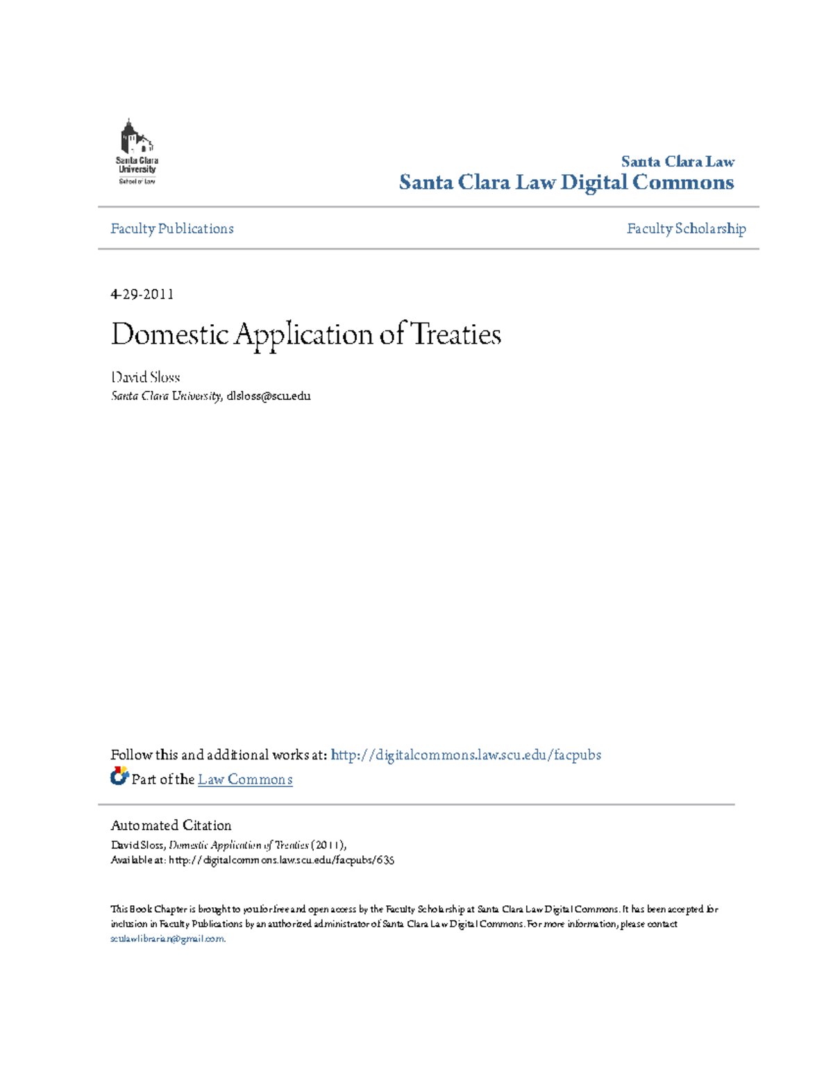 Domestic Application of Treaties: Insights from David Sloss (2011 ...