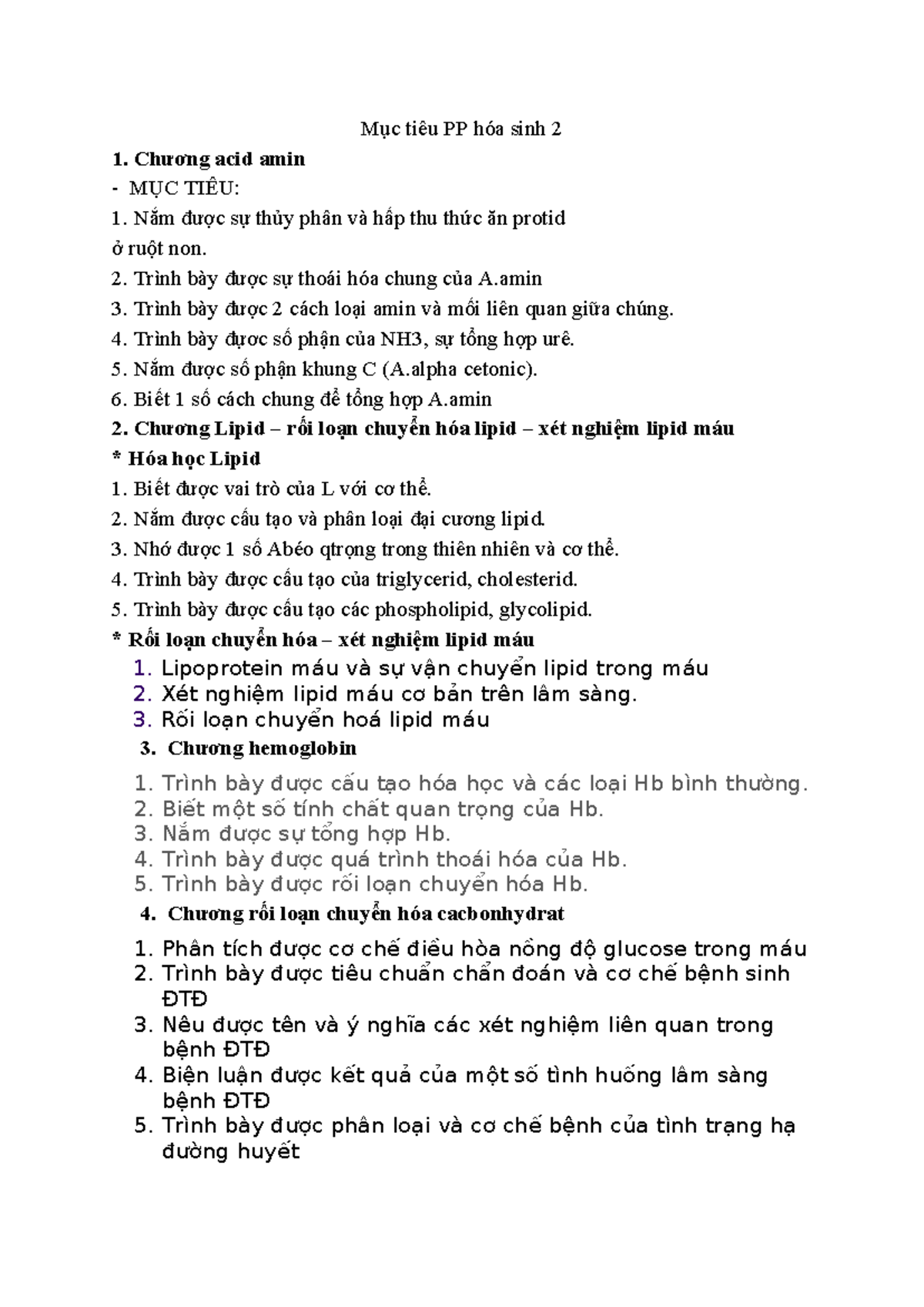 Mục tiêu PP Hóa Sinh 2: Chương Acid Amin, Lipid, Hemoglobin ...