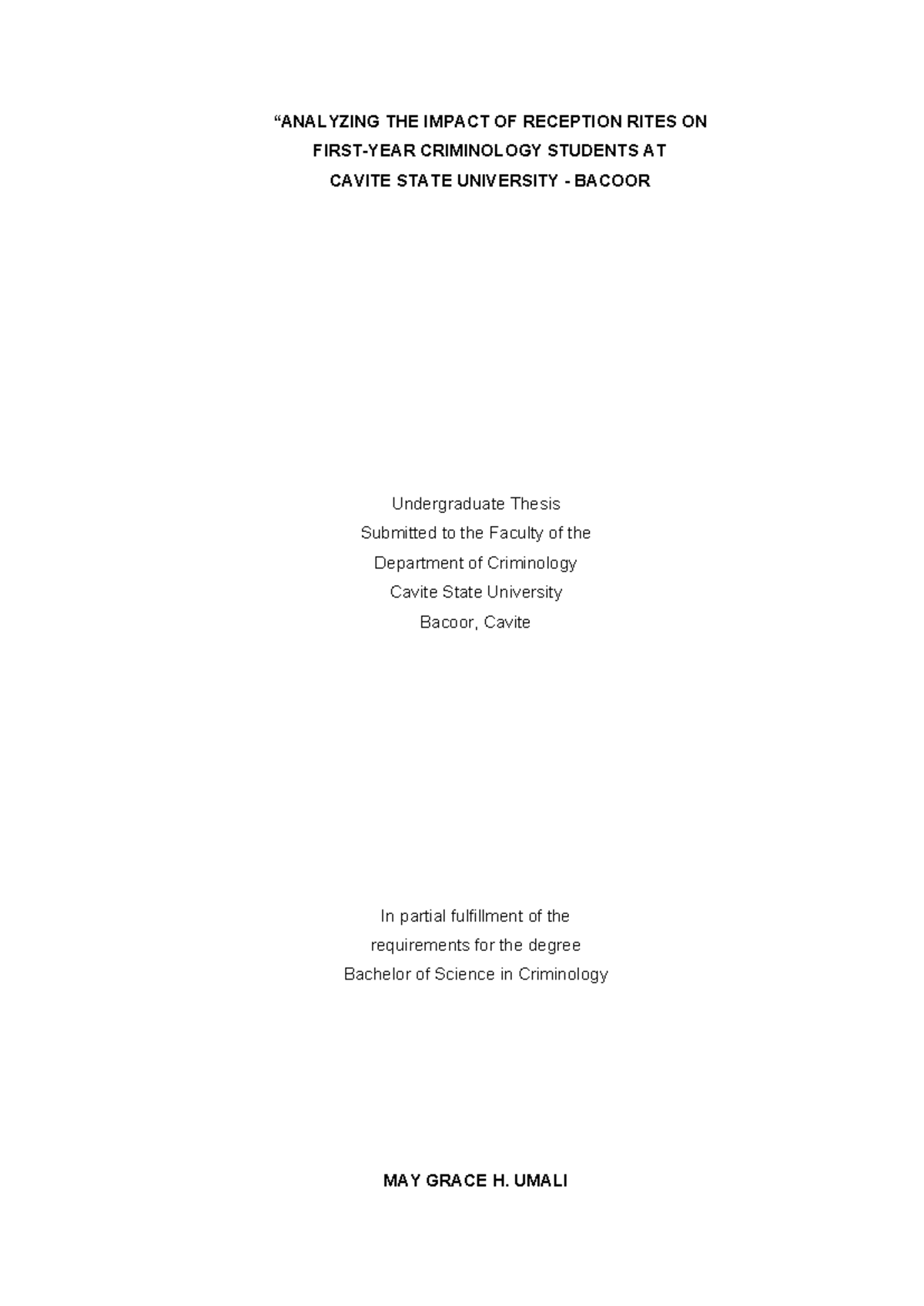The Impact of Reception Rites on Criminology Students at Cavite State ...