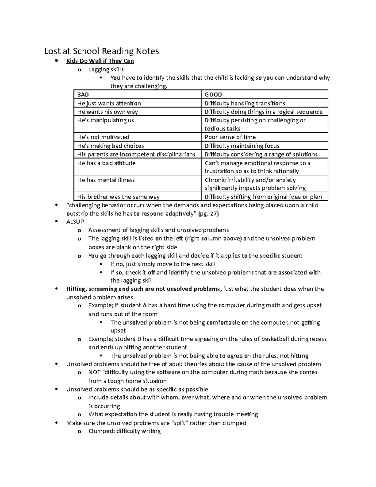 Lost at School Reading Notes FULL - Lost at School Reading Notes Kids ...
