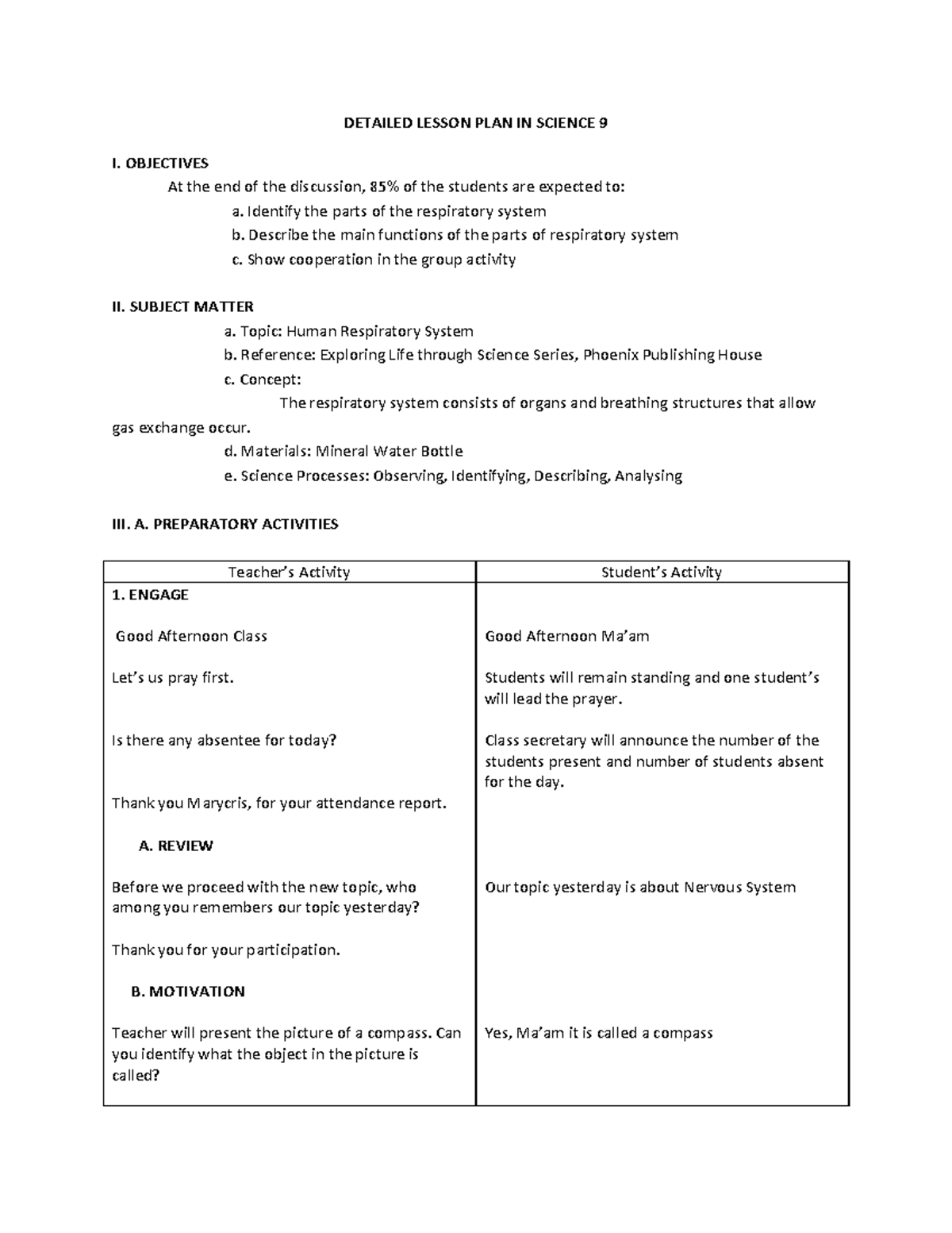 Detailed Lesson Plan on Human Respiratory System - Science 9 - Studocu