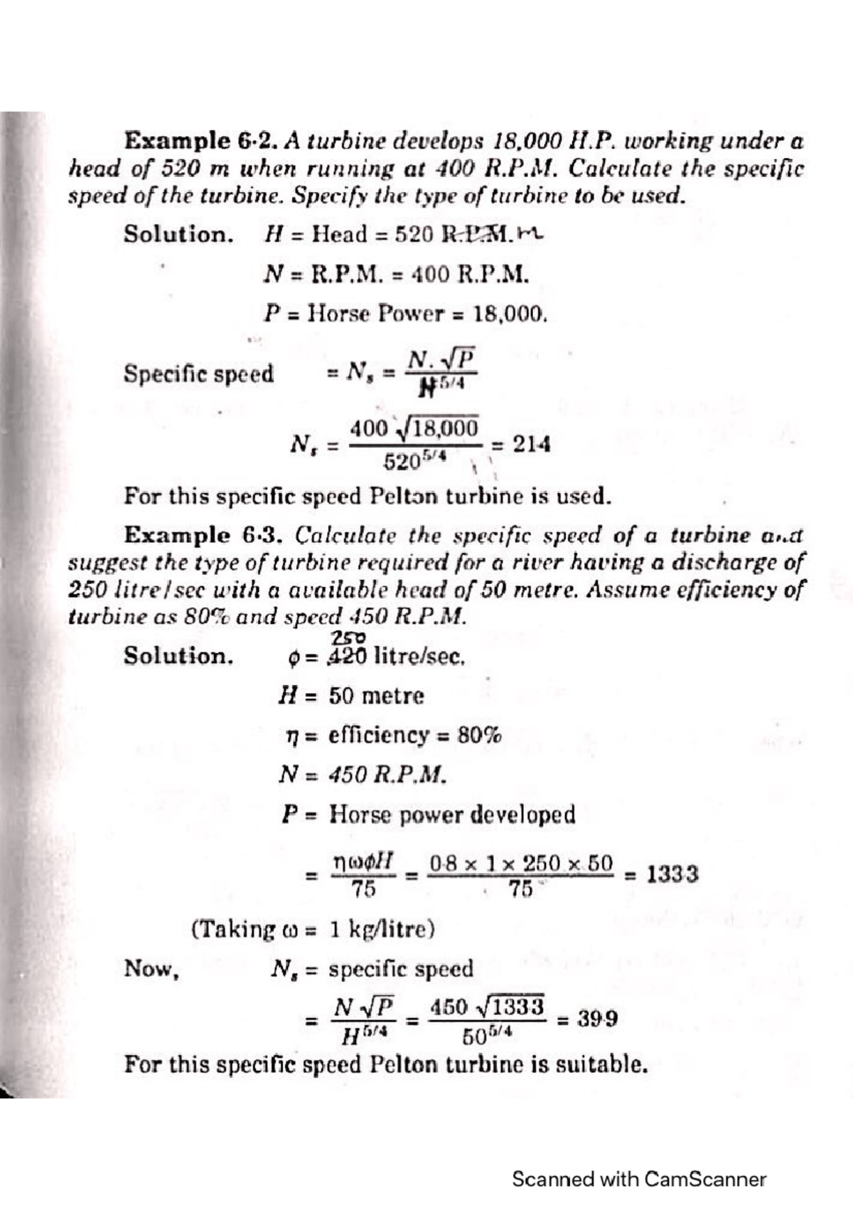 Malolot - practice problem - Example A turbine develops H. working under a head of 520 m when ...