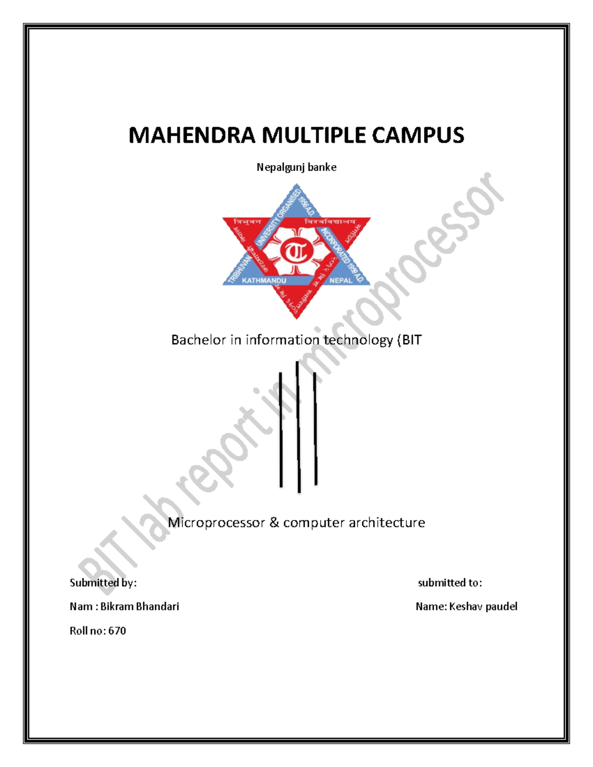 Microprocessor (BIT) Final Lab Report: ALP Implementations and Results - Studocu