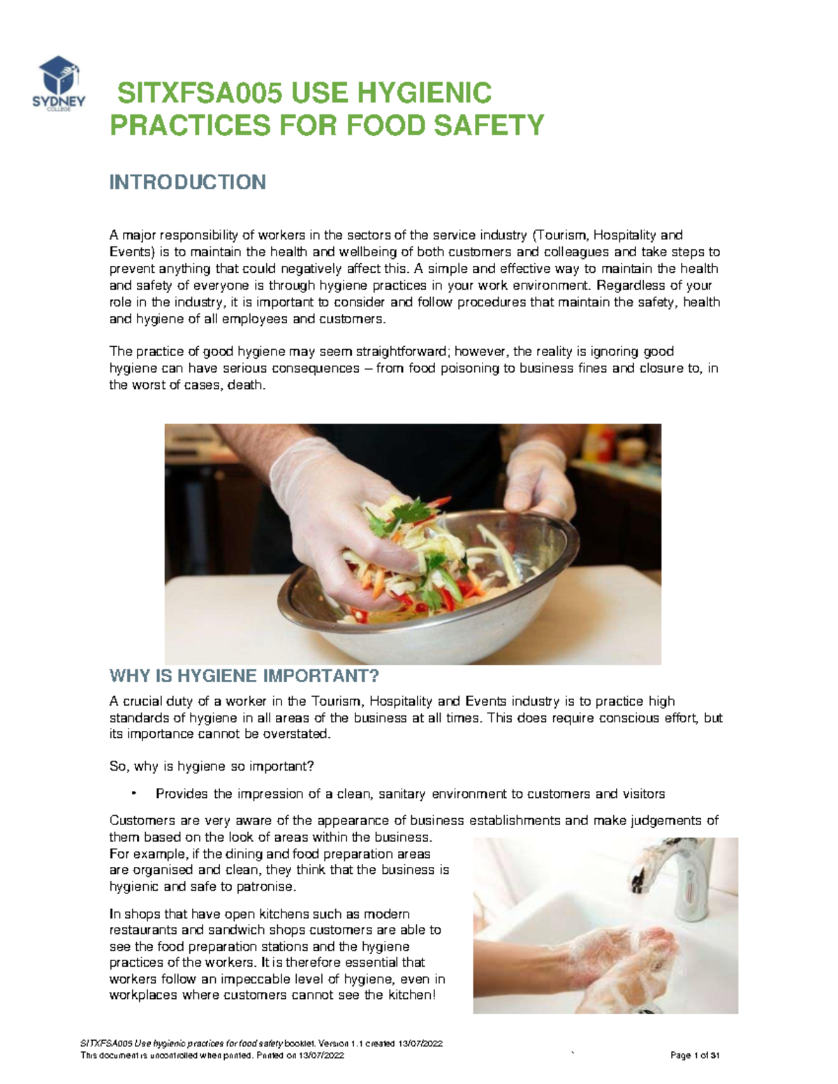 SITXFSA005 Hygiene Practices for Food Safety - Learner Guide v1.1 - Studocu