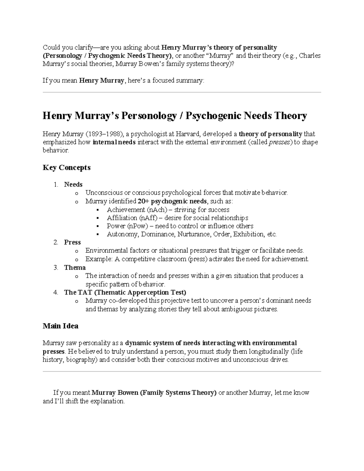 Henry Murray's Personology: Psychogenic Needs Theory Overview - Studocu