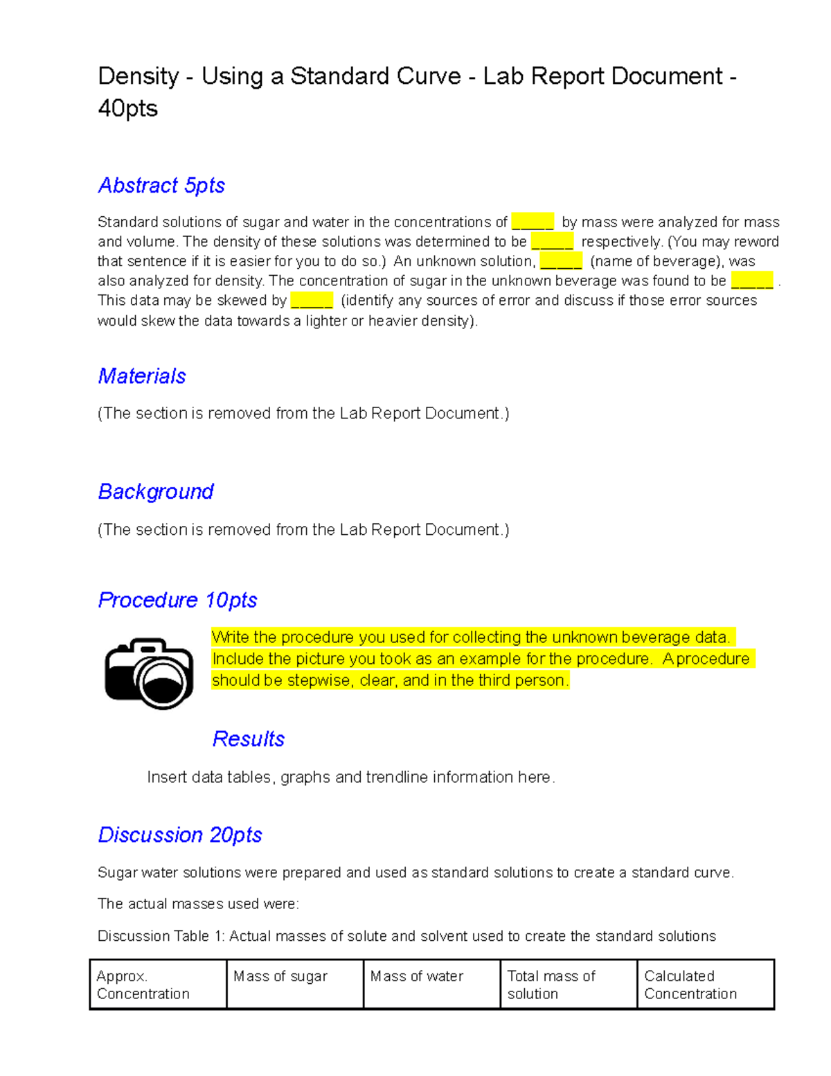 Lab Report Document - Density - Using a Standard Curve - Density - Using a Standard Curve - Lab ...