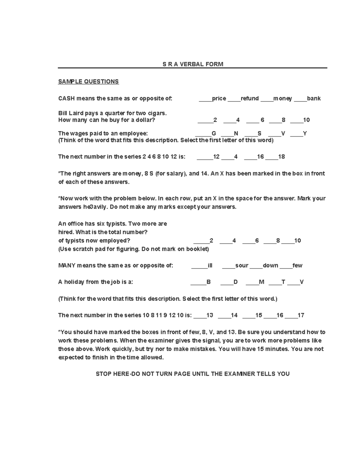 SRA Verbal Form Test - Sample Questions Overview - Studocu