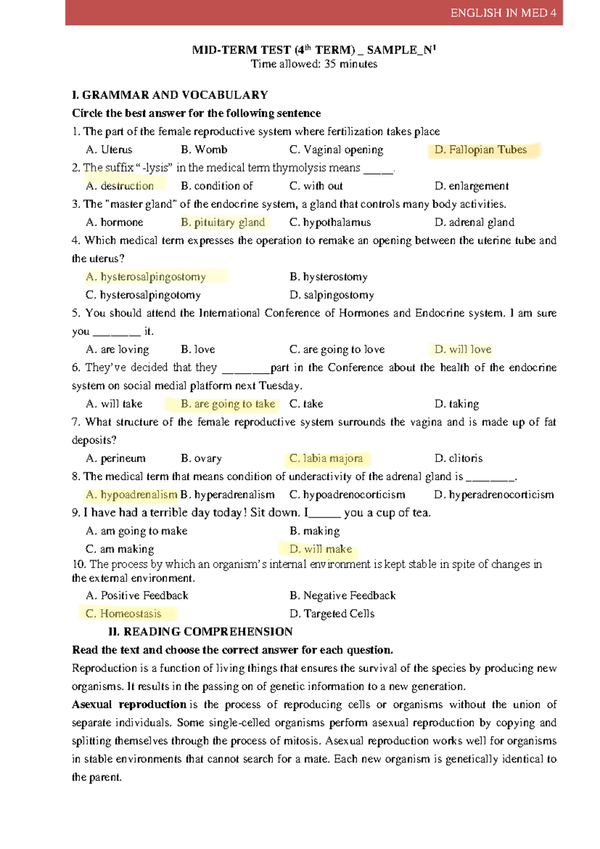 ENGLISH IN MED 4 MIDTERM TEST 1 HP4 SAMPLE QUESTIONS - Studocu