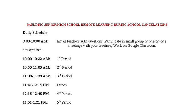 PAULDING JUNIOR HIGH REMOTE LEARNING SCHEDULE & PROCEDURES - Studocu