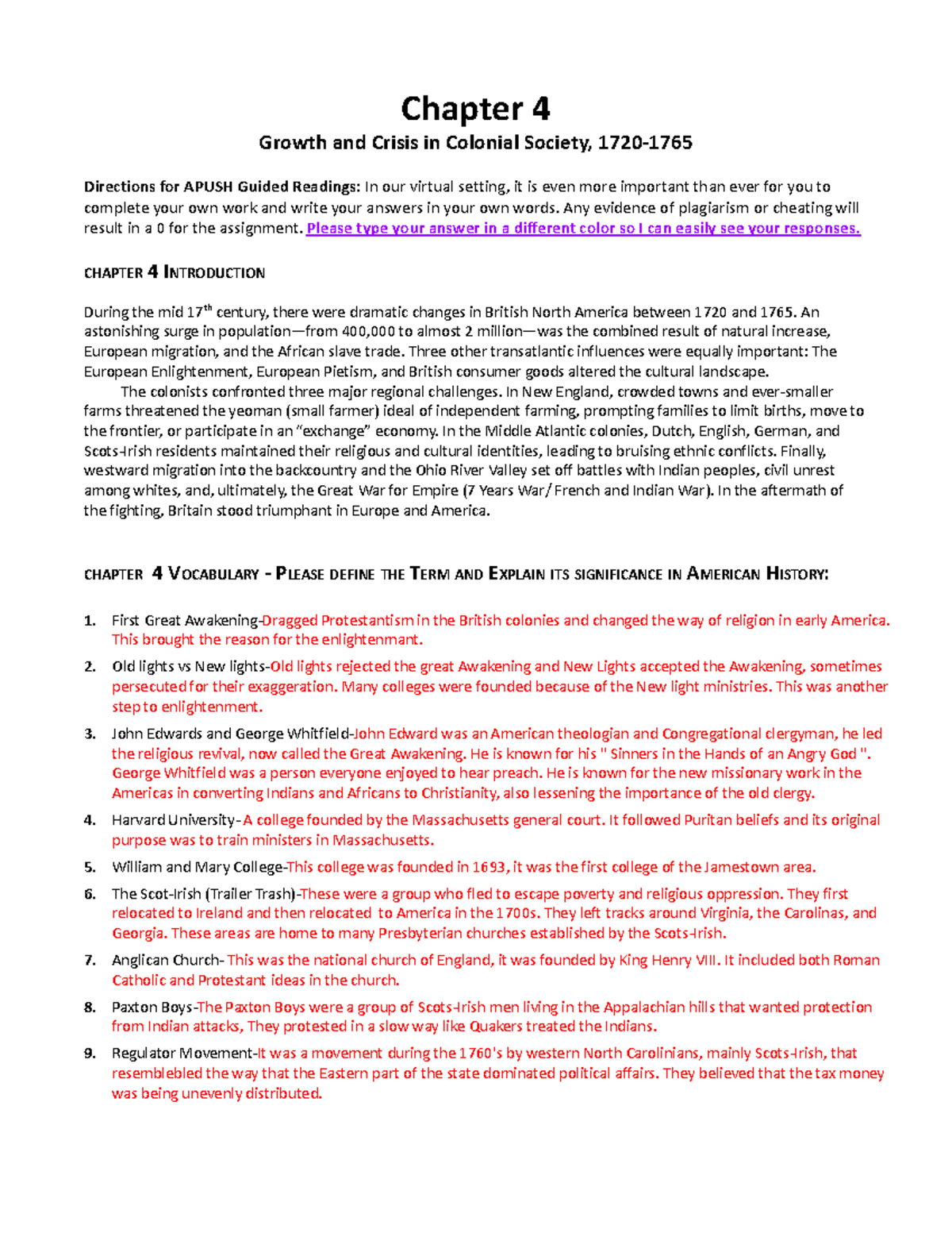 APUSH Chapter 4 Guided Reading: Growth and Crisis in Colonial Society ...