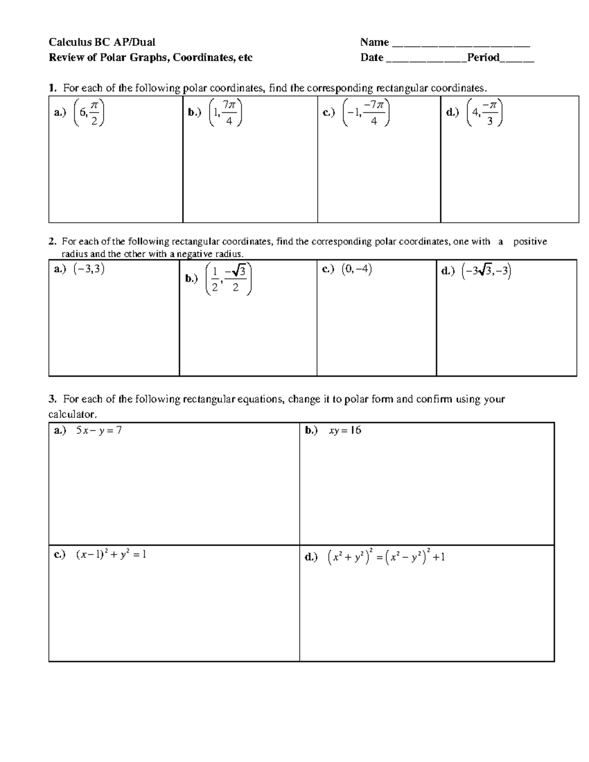 Review of Polars HW - essay for class - Calculus BC AP/Dual Name
