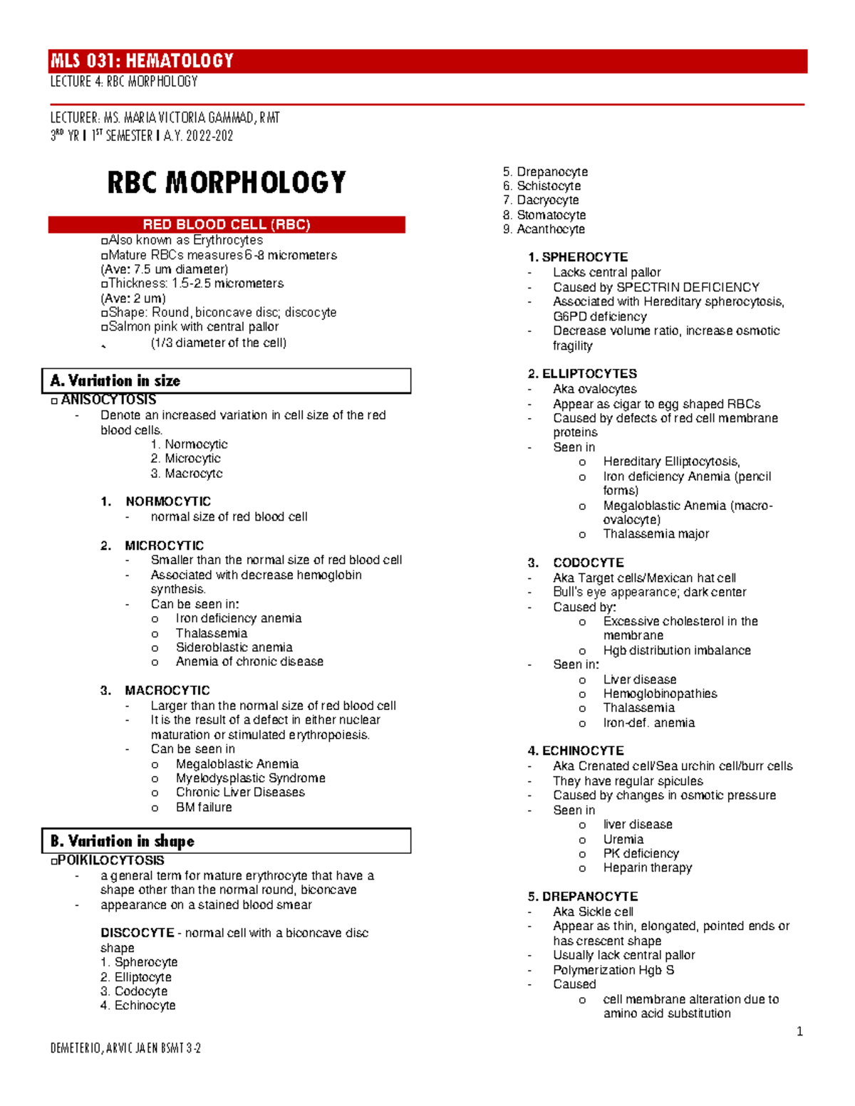 RBC Morphology: Detailed Lecture Notes for 3rd Yr 1st Sem - Studocu