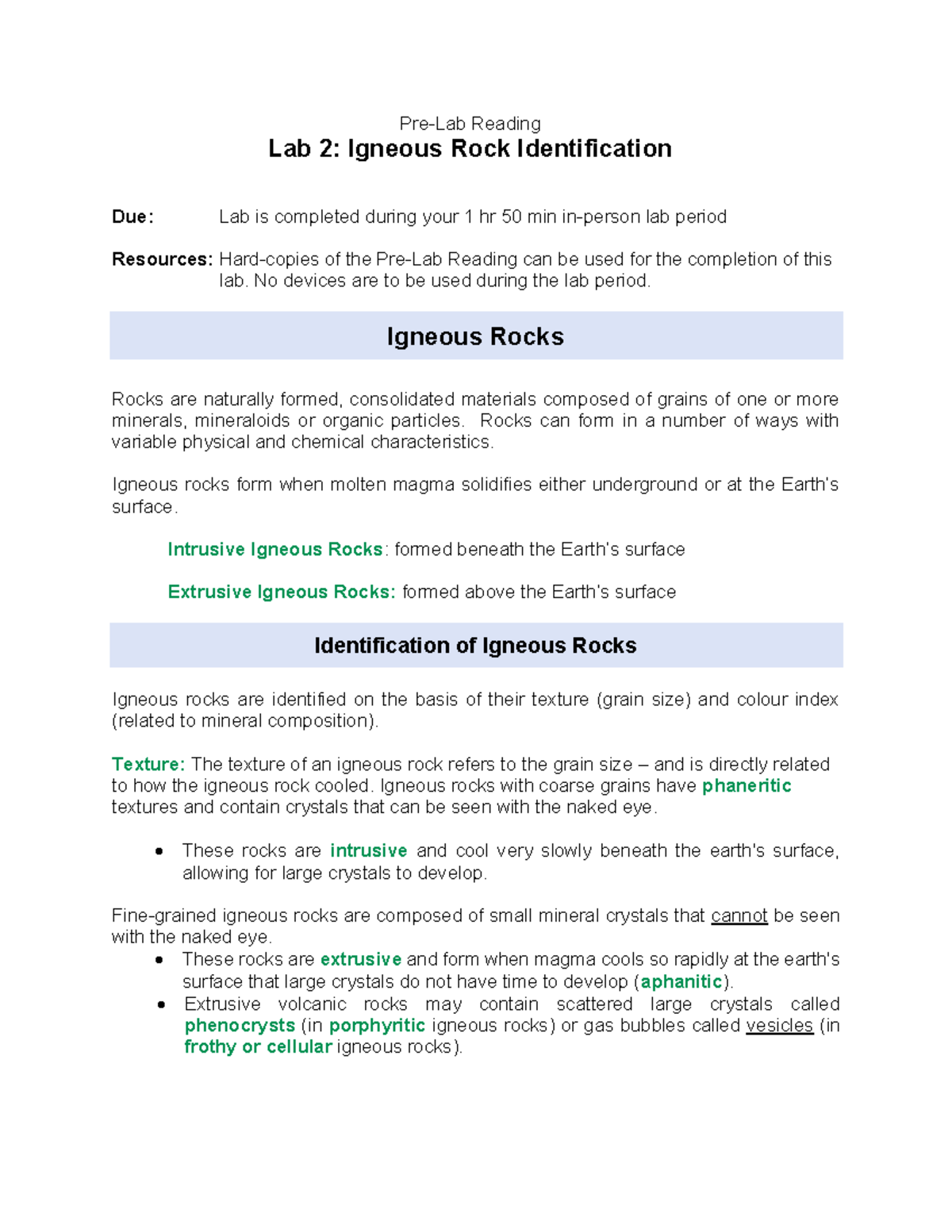 Lab Reading 2: Igneous Rock Identification Guide - Studocu