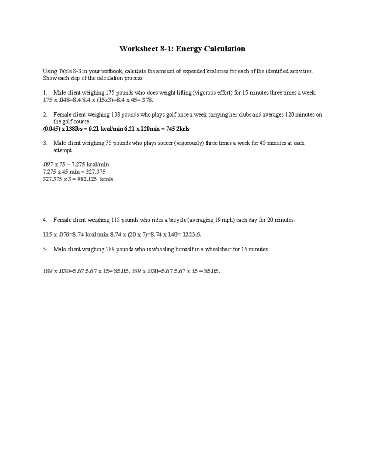 Worksheet 8-1: Energy Calculation for Basic Nutrition Assignment - Studocu
