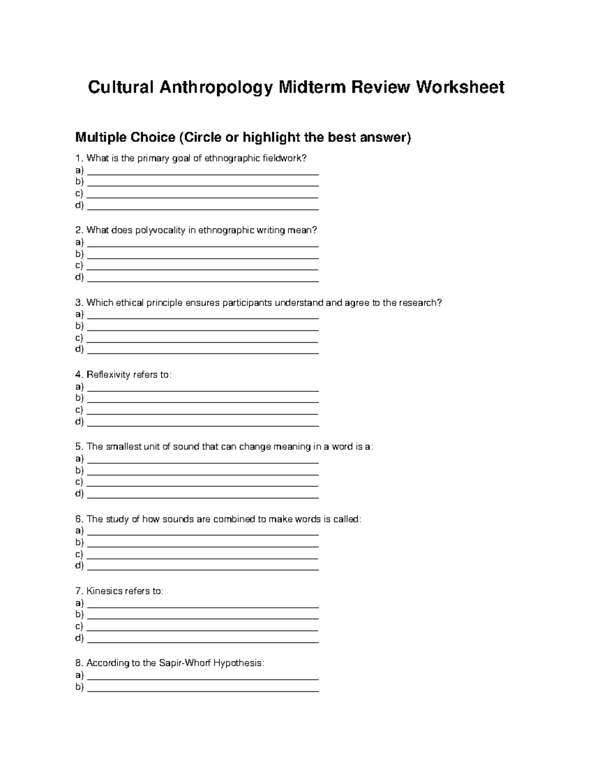 Cultural Anthropology ANTH 101 Midterm Quiz Review Worksheet - Studocu