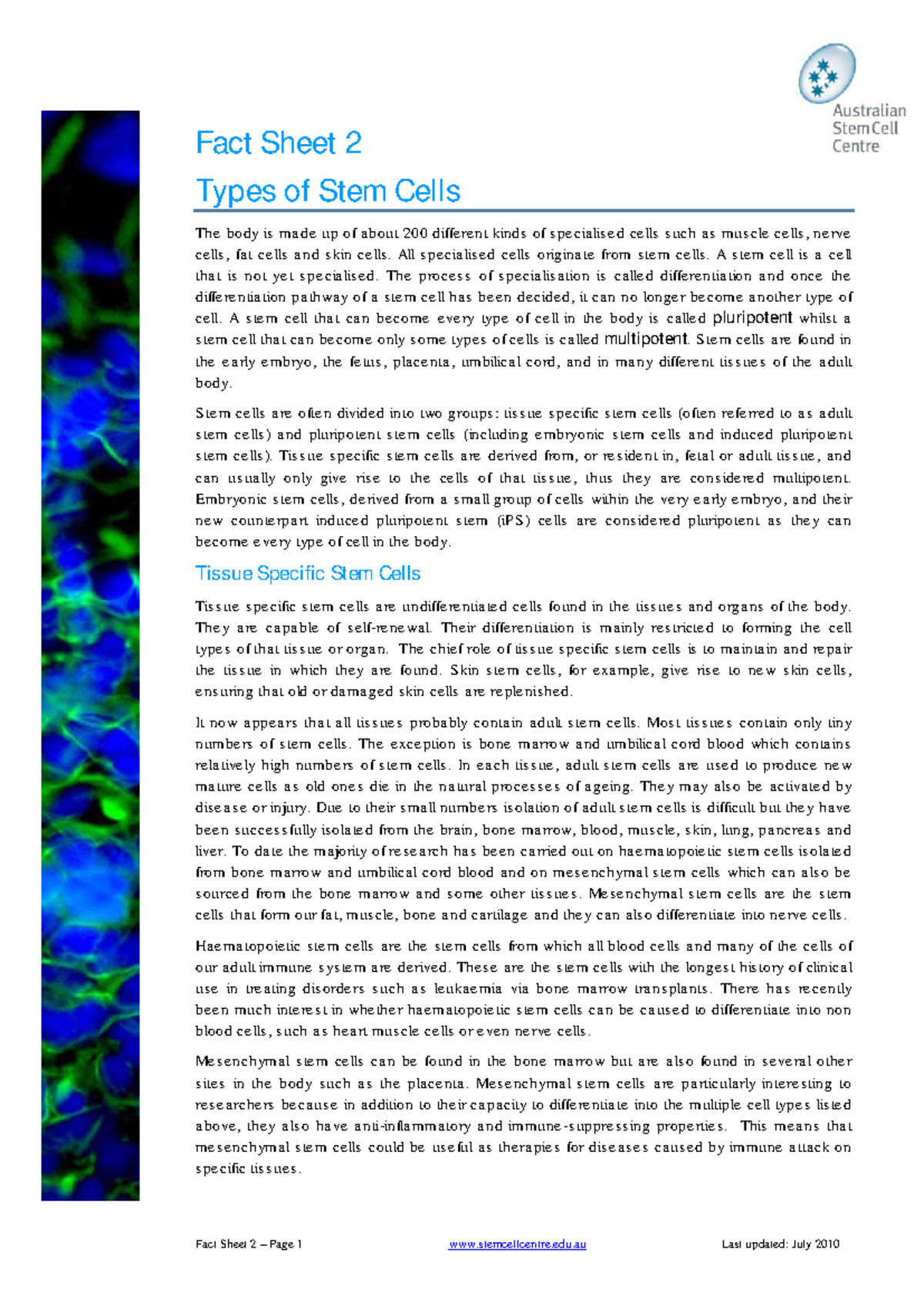 Fact Sheet 2: Types of Stem Cells and Their Applications - Studocu