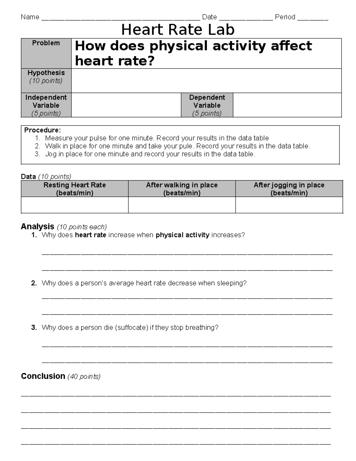 Heart Rate Lab: Effects of Physical Activity on Pulse (10 pts) - Studocu