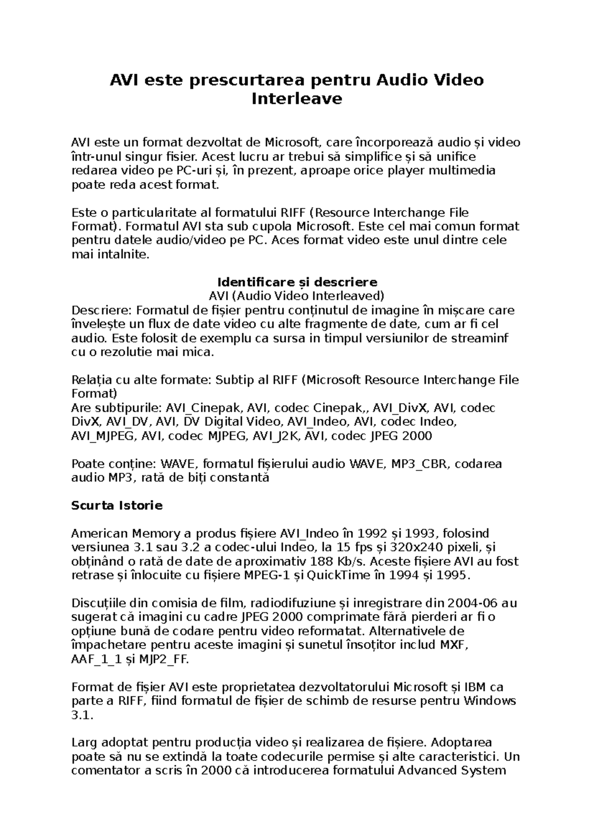 Formatul Audio Video Interleaved (AVI) - Ghid Complet - Studocu