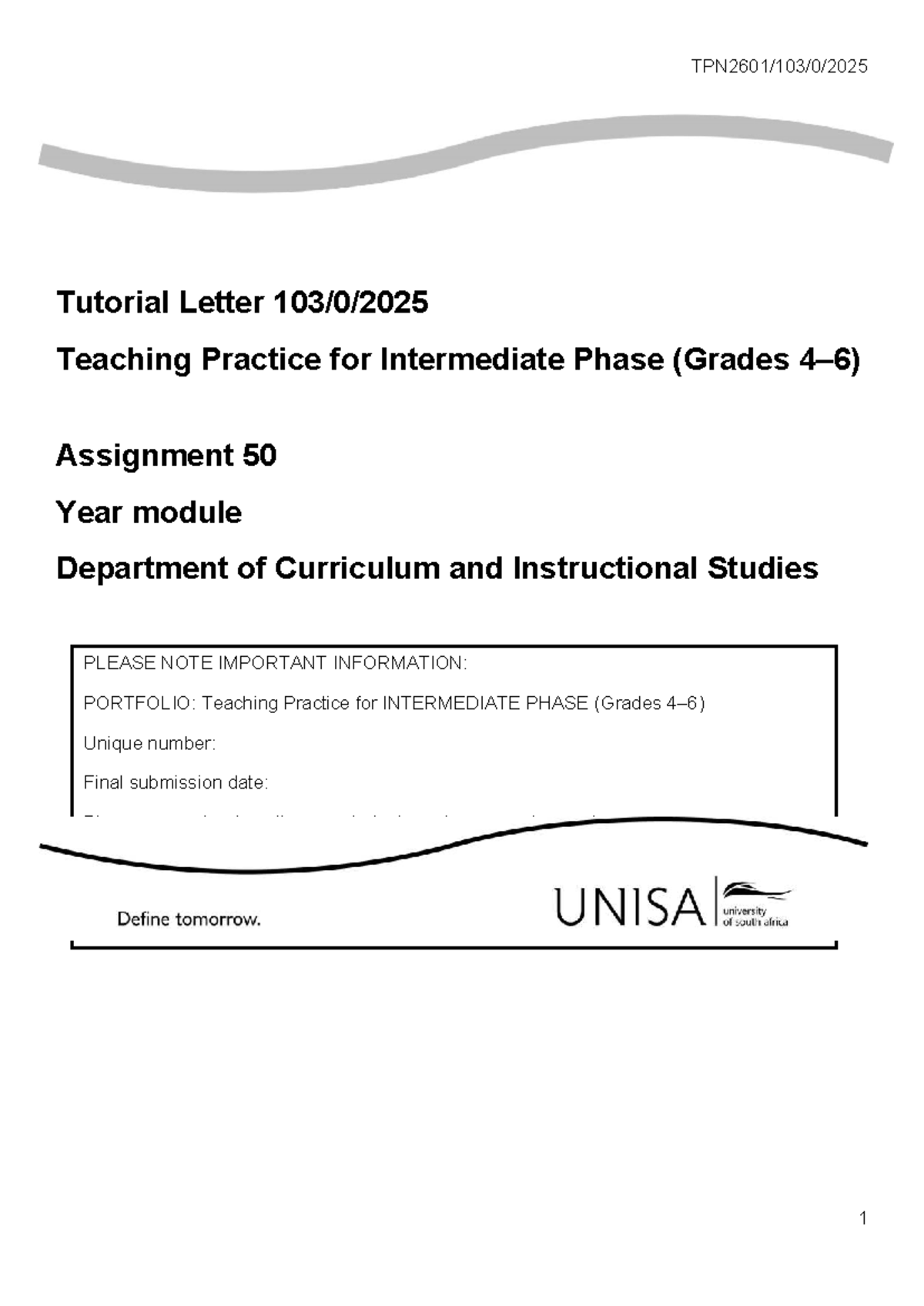 Tpn2601 Teaching Practice Portfolio For Intermediate Phase Assignment