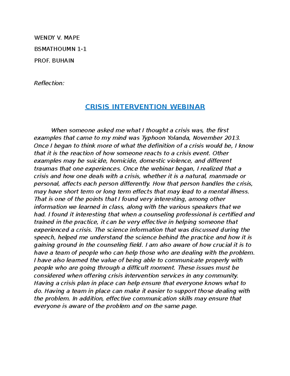 Reflection on Crisis Intervention - WENDY V. MAPE BSMATHOUMN 1- PROF ...
