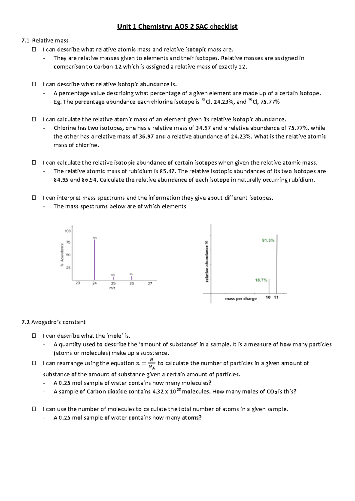 Unit 1 Chem AOS 2 SAC Checklist - Key Concepts & Calculations 2024 ...