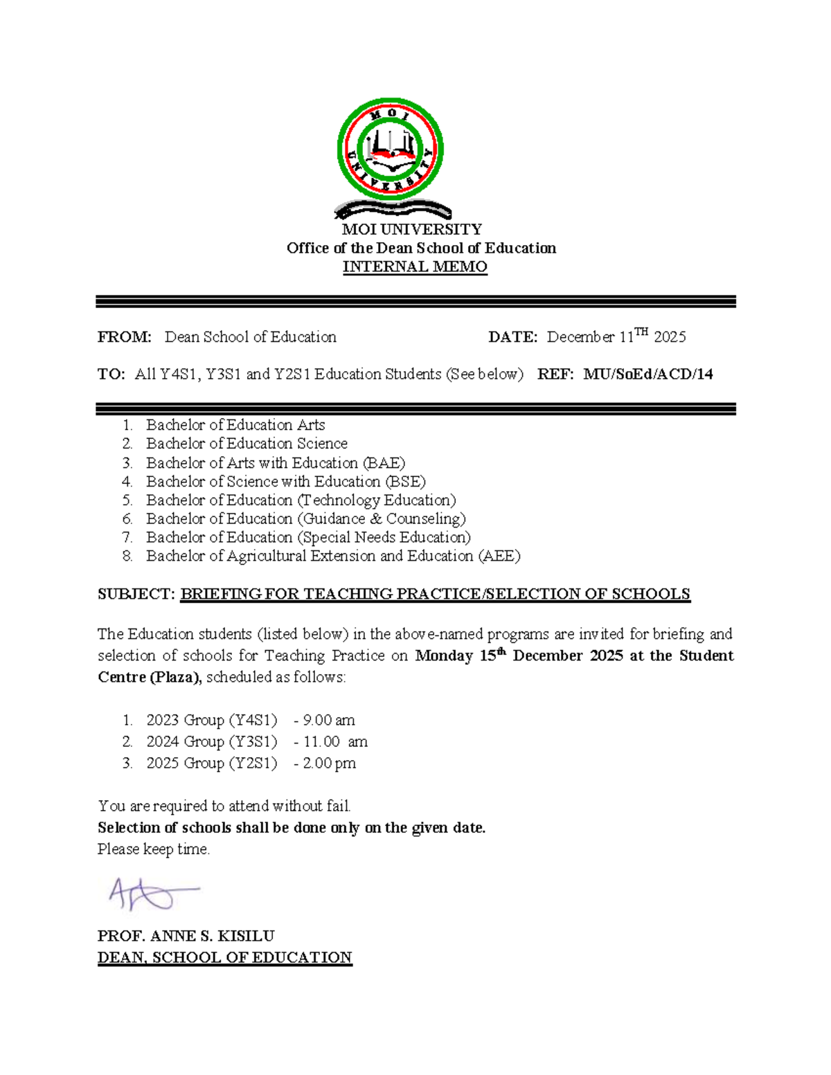 MOI UNIVERSITY Memo: TP School Selection Briefing for Y4S1, Y3S1, Y2S1 ...