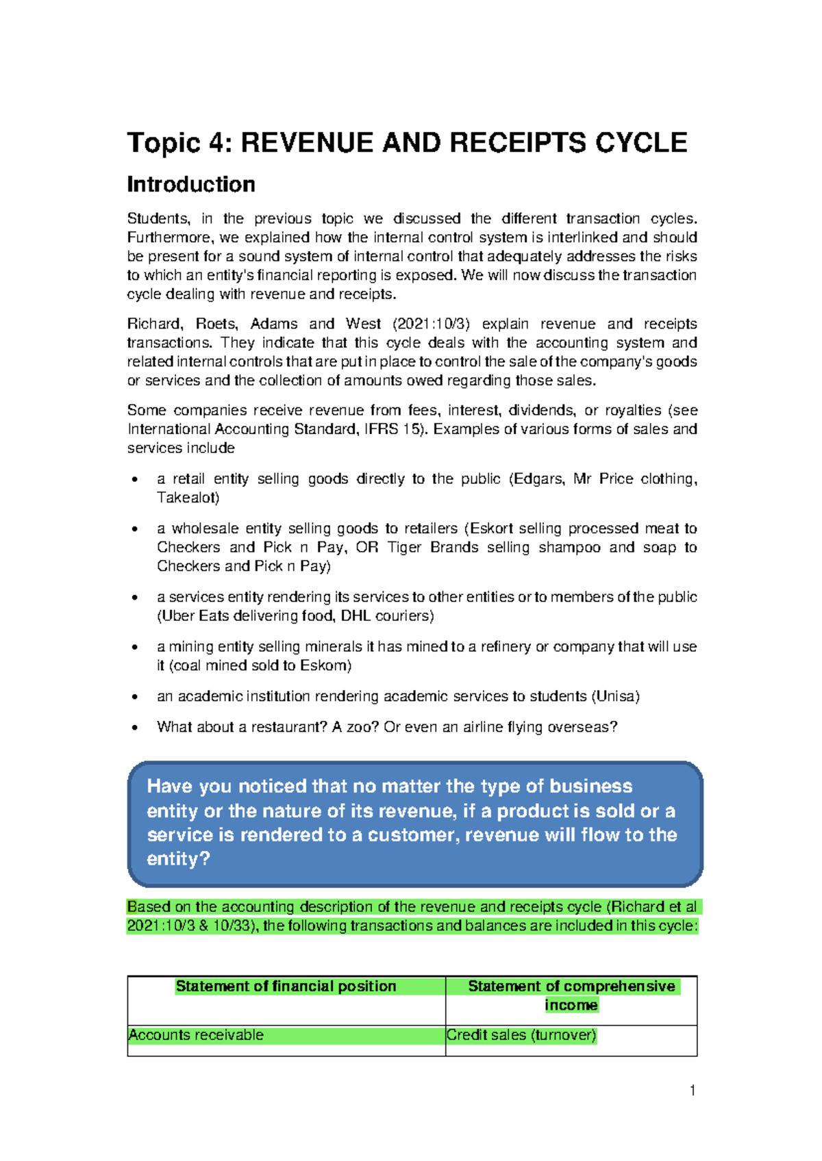 AUE2602 Lesson 4: Understanding Revenue and Receipts Cycle - Studocu